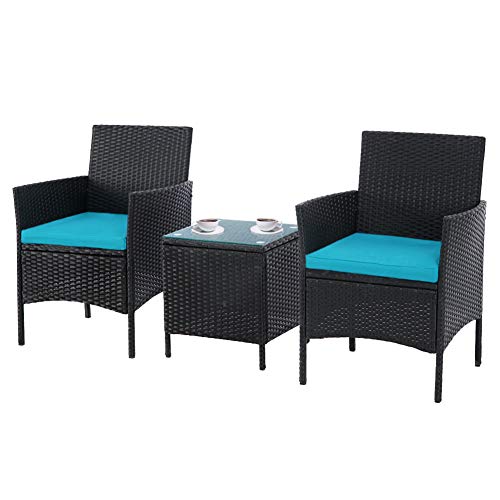 SOLAURA 3-Piece Outdoor Patio Bistro Set Patio Furniture Chairs Black Wicker Porch Furniture with Glass Coffee Table (Light Blue Cushion)