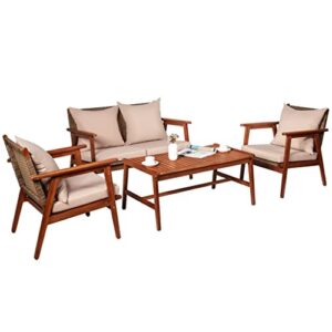 nicedayfy 4pcs patio rattan furniture set acacia wood frame cushioned sofa chair garden perfect to be placed in your patio, poolside and garden