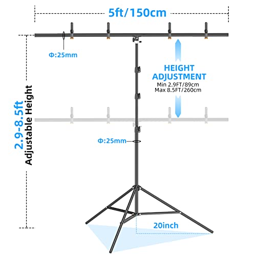 EMART T-Shape Portable Background Backdrop Support Stand Kit 5ft Wide 8.5ft Tall Adjustable Photo Backdrop Stand with 4 Spring Clamps