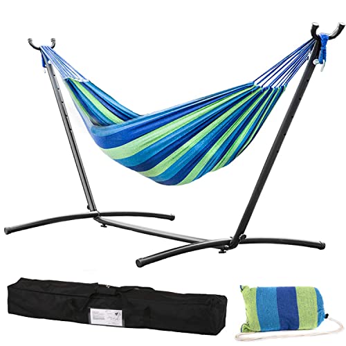 Vnewone Hammock with Stand 2 Person Heavy Duty Portable Hammock Stand with 9 FT Space Saving Steel Stand Portable Carrying Case Weather-Resistant Finish for Outdoor or Indoor Patio Backyard Garden