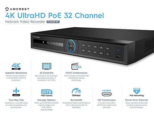 Amcrest 5Series 4K 32 Channel 16 Ports PoE NVR (Record 32CH 4K @30fps View/Playback 4CH 4K@30fps) Network Video Recorder (Hard Drive Not Included) NV5232E-16P