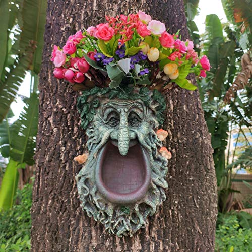 Big Mouth Old Man Tree Face Sculpture, Flower Planter Pot Hand-Painted Greenman Tree Peeker Bird Feeder Garden Decor and Yard Art. --10'' H