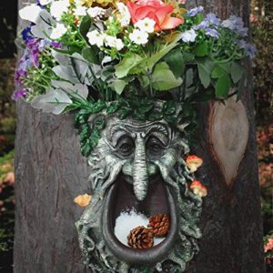 Big Mouth Old Man Tree Face Sculpture, Flower Planter Pot Hand-Painted Greenman Tree Peeker Bird Feeder Garden Decor and Yard Art. --10'' H