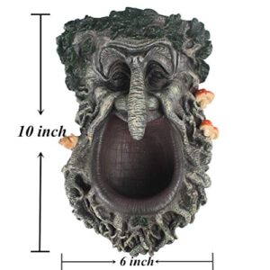 Big Mouth Old Man Tree Face Sculpture, Flower Planter Pot Hand-Painted Greenman Tree Peeker Bird Feeder Garden Decor and Yard Art. --10'' H