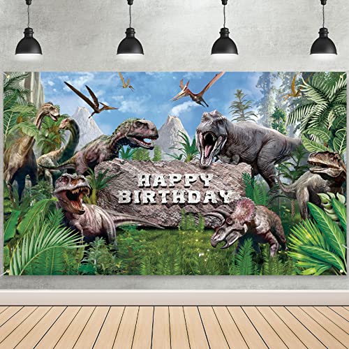 Dinosaur Theme Backdrop Banner Polyester Dinosaur Happy Birthday Photo Background Tropical Jungle Birthday Party Backdrop Decor for Kid Dinosaur Theme Birthday Party Photo Prop Decor, 72.8 x 43.3 Inch