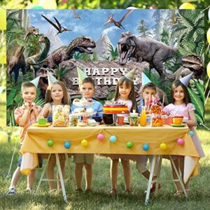 Dinosaur Theme Backdrop Banner Polyester Dinosaur Happy Birthday Photo Background Tropical Jungle Birthday Party Backdrop Decor for Kid Dinosaur Theme Birthday Party Photo Prop Decor, 72.8 x 43.3 Inch