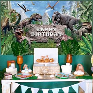 Dinosaur Theme Backdrop Banner Polyester Dinosaur Happy Birthday Photo Background Tropical Jungle Birthday Party Backdrop Decor for Kid Dinosaur Theme Birthday Party Photo Prop Decor, 72.8 x 43.3 Inch