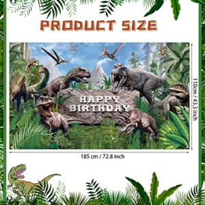 Dinosaur Theme Backdrop Banner Polyester Dinosaur Happy Birthday Photo Background Tropical Jungle Birthday Party Backdrop Decor for Kid Dinosaur Theme Birthday Party Photo Prop Decor, 72.8 x 43.3 Inch