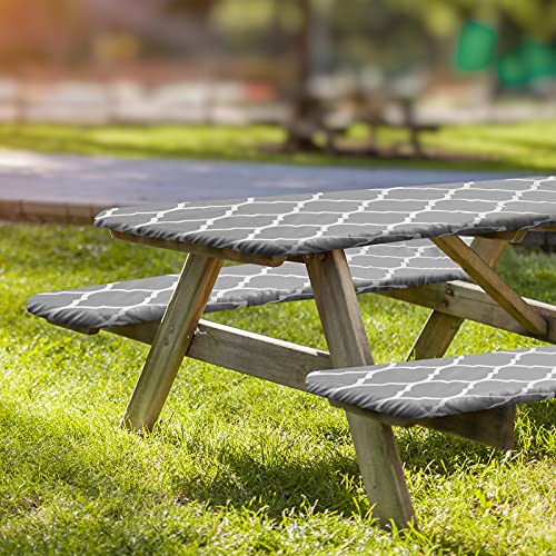 Ruisita 3 Pieces 72 Inches Plastic Picnic Table and Bench Fitted Tablecloth Cover Garden Bench Tablecloth Long Chair Covers Set for Picnics Indoor and Outdoor Dining, Gray