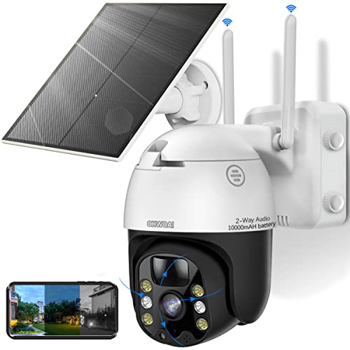 [100% Wireless & Solar Powered ] 2-Way Audio Solar Security Camera Outdoor, WiFi 360° PTZ Dome Camera, 10000mAh Rechargeable Battery Wireless Surveillance Camera, Pan Tilt Camera, Color Night Vision