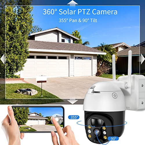 [100% Wireless & Solar Powered ] 2-Way Audio Solar Security Camera Outdoor, WiFi 360° PTZ Dome Camera, 10000mAh Rechargeable Battery Wireless Surveillance Camera, Pan Tilt Camera, Color Night Vision