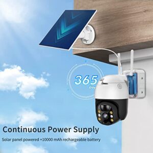 [100% Wireless & Solar Powered ] 2-Way Audio Solar Security Camera Outdoor, WiFi 360° PTZ Dome Camera, 10000mAh Rechargeable Battery Wireless Surveillance Camera, Pan Tilt Camera, Color Night Vision