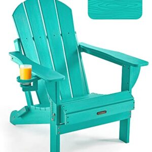 Ciokea Folding Adirondack Chair Wood Texture, Patio Adirondack Chair Weather Resistant, Plastic Fire Pit Chair with Cup Holder, Lawn Chair for Outdoor Porch Garden Backyard Deck (Lake Blue)