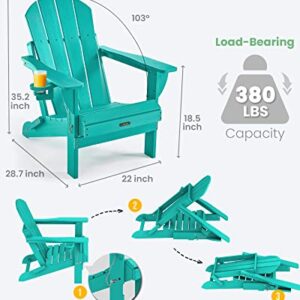 Ciokea Folding Adirondack Chair Wood Texture, Patio Adirondack Chair Weather Resistant, Plastic Fire Pit Chair with Cup Holder, Lawn Chair for Outdoor Porch Garden Backyard Deck (Lake Blue)