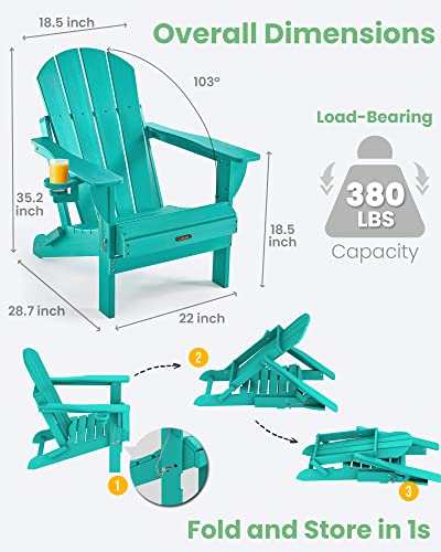 Ciokea Folding Adirondack Chair Wood Texture, Patio Adirondack Chair Weather Resistant, Plastic Fire Pit Chair with Cup Holder, Lawn Chair for Outdoor Porch Garden Backyard Deck (Lake Blue)