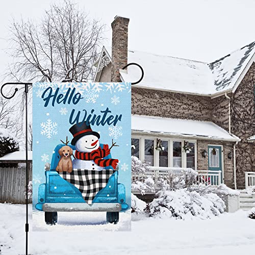 Hello Winter Garden Flag 12x18 Double Sided, Burlap Small Vertical Buffalo Check Plaid Winter Truck Garden Yard House Flags with Snowman Dog for Winter Outside Outdoor Decoration (ONLY FLAG)