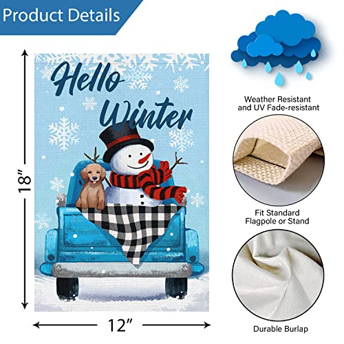 Hello Winter Garden Flag 12x18 Double Sided, Burlap Small Vertical Buffalo Check Plaid Winter Truck Garden Yard House Flags with Snowman Dog for Winter Outside Outdoor Decoration (ONLY FLAG)