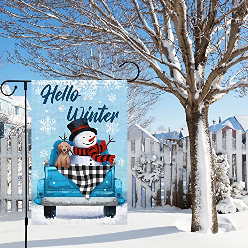 Hello Winter Garden Flag 12x18 Double Sided, Burlap Small Vertical Buffalo Check Plaid Winter Truck Garden Yard House Flags with Snowman Dog for Winter Outside Outdoor Decoration (ONLY FLAG)