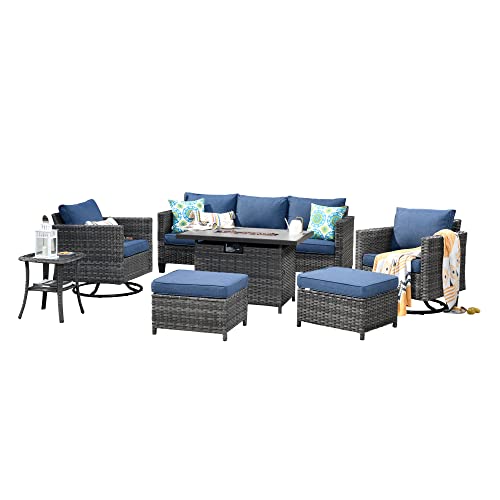 ovios Patio Furniture Set 7 PCS Outdoor Wicker Rattan Sofa Set with 360 Degree Swivel Rocking Chairs 42 Inch Rectangle Gas Fire Pit Table Garden Backyard Porch (Denim Blue-Grey)