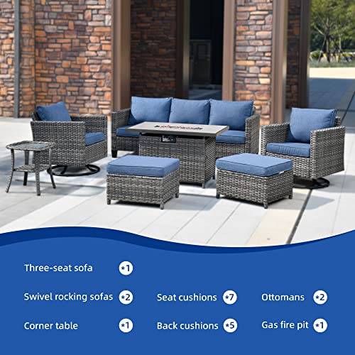 ovios Patio Furniture Set 7 PCS Outdoor Wicker Rattan Sofa Set with 360 Degree Swivel Rocking Chairs 42 Inch Rectangle Gas Fire Pit Table Garden Backyard Porch (Denim Blue-Grey)