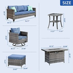 ovios Patio Furniture Set 7 PCS Outdoor Wicker Rattan Sofa Set with 360 Degree Swivel Rocking Chairs 42 Inch Rectangle Gas Fire Pit Table Garden Backyard Porch (Denim Blue-Grey)