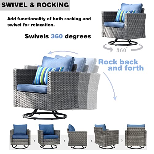 ovios Patio Furniture Set 7 PCS Outdoor Wicker Rattan Sofa Set with 360 Degree Swivel Rocking Chairs 42 Inch Rectangle Gas Fire Pit Table Garden Backyard Porch (Denim Blue-Grey)