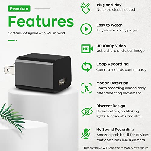 ALPHA TECH USB Hidden Camera Charger - 1080p HD Spy Camera No WiFi Needed - Mini Nanny Cam Wall Charger - Secret Hidden Cameras for Home Security, Office, Baby, Pets