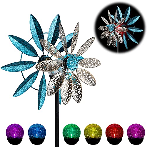 Glintoper Solar Wind Spinner, Outdoor Metal Stake Yard Spinners, Hollow Leaf Garden Kinetic Wind Catcher Wind Mills, Solar Powered Color Changing LED with Glass Ball, for Patio Lawn Yard