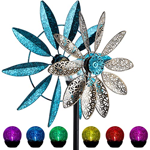 Glintoper Solar Wind Spinner, Outdoor Metal Stake Yard Spinners, Hollow Leaf Garden Kinetic Wind Catcher Wind Mills, Solar Powered Color Changing LED with Glass Ball, for Patio Lawn Yard