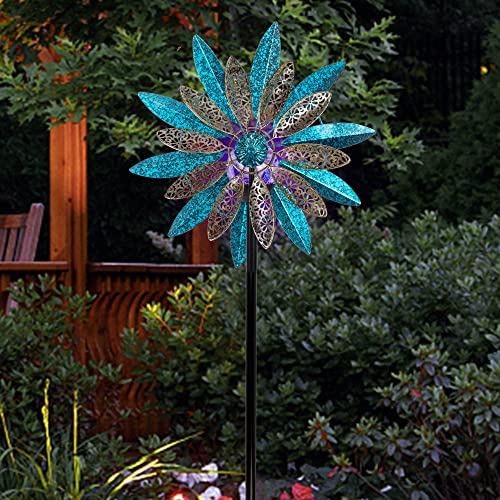 Glintoper Solar Wind Spinner, Outdoor Metal Stake Yard Spinners, Hollow Leaf Garden Kinetic Wind Catcher Wind Mills, Solar Powered Color Changing LED with Glass Ball, for Patio Lawn Yard