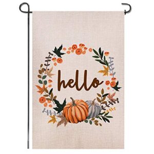 shmbada hello fall thanksgiving day welcome double sided burlap garden flag, premium material, seasonal holiday outdoor decorative small flags for home house garden yard lawn patio, 12.5 x 18.5 inch