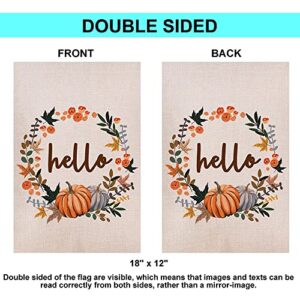 Shmbada Hello Fall Thanksgiving Day Welcome Double Sided Burlap Garden Flag, Premium Material, Seasonal Holiday Outdoor Decorative Small Flags for Home House Garden Yard Lawn Patio, 12.5 x 18.5 inch