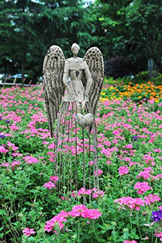 Antiqued Metal Garden Angel Statue with Heart, Indoor Outdoor Angel Yard Art Decor Lawn Patio Decorations Holiday Decor Garden Present Idea, 32"H