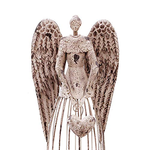 Antiqued Metal Garden Angel Statue with Heart, Indoor Outdoor Angel Yard Art Decor Lawn Patio Decorations Holiday Decor Garden Present Idea, 32"H