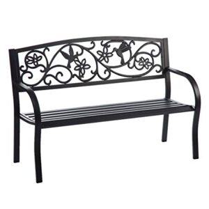 Plow & Hearth Black Metal Hummingbird Garden Bench for Patio, Yard and Garden with Detailed Decorative Back Design Featuring Birds, Vines and Flowers, 50" W x 19½"D x 34½"H