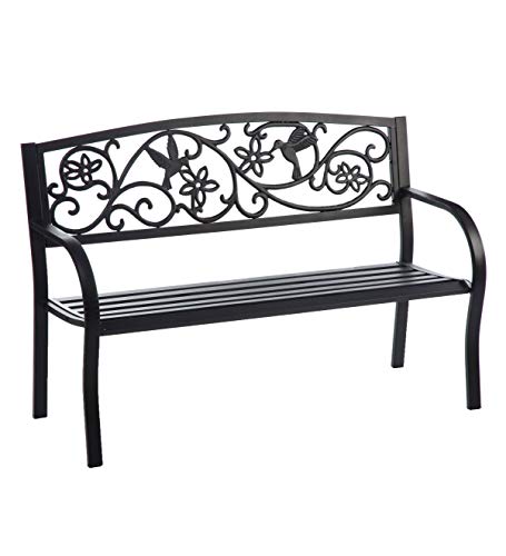 Plow & Hearth Black Metal Hummingbird Garden Bench for Patio, Yard and Garden with Detailed Decorative Back Design Featuring Birds, Vines and Flowers, 50" W x 19½"D x 34½"H