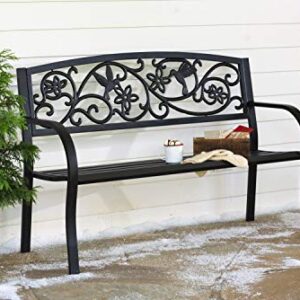 Plow & Hearth Black Metal Hummingbird Garden Bench for Patio, Yard and Garden with Detailed Decorative Back Design Featuring Birds, Vines and Flowers, 50" W x 19½"D x 34½"H