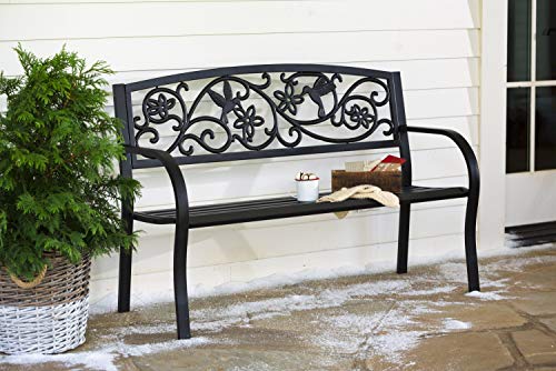 Plow & Hearth Black Metal Hummingbird Garden Bench for Patio, Yard and Garden with Detailed Decorative Back Design Featuring Birds, Vines and Flowers, 50" W x 19½"D x 34½"H