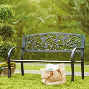 Plow & Hearth Black Metal Hummingbird Garden Bench for Patio, Yard and Garden with Detailed Decorative Back Design Featuring Birds, Vines and Flowers, 50" W x 19½"D x 34½"H