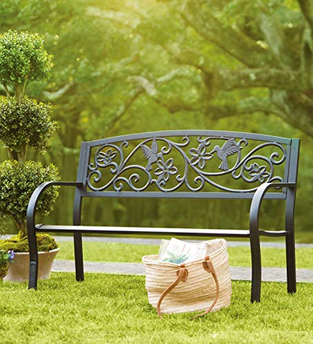 Plow & Hearth Black Metal Hummingbird Garden Bench for Patio, Yard and Garden with Detailed Decorative Back Design Featuring Birds, Vines and Flowers, 50" W x 19½"D x 34½"H