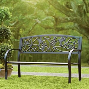 Plow & Hearth Black Metal Hummingbird Garden Bench for Patio, Yard and Garden with Detailed Decorative Back Design Featuring Birds, Vines and Flowers, 50" W x 19½"D x 34½"H