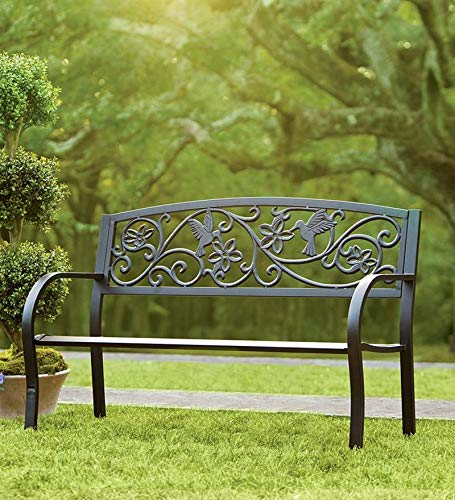 Plow & Hearth Black Metal Hummingbird Garden Bench for Patio, Yard and Garden with Detailed Decorative Back Design Featuring Birds, Vines and Flowers, 50" W x 19½"D x 34½"H