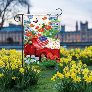 Texupday Patriotic Red Truck Celebrate The USA Double Sided America Floral Daisy Garden Flag Outdoor Yard Flag 12" x 18"