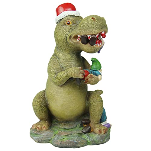 CCOQUS Garden Gnome Massacre Statue, T Rex Dinosaur Eating Gnome Figurines Indoor/Outdoor Garden Sculpture Christmas Decoration for Patio Yard or Lawn