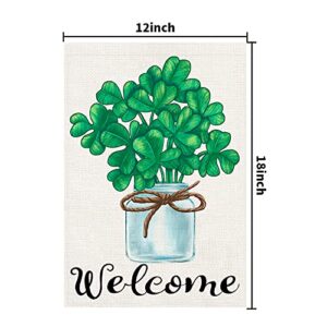 Welcome Green Lucky Shamrocks St Patricks Day Garden Flag 12x18 Inch Double Sided Burlap, Seasonal Sign Yard Outdoor Decorations DF187