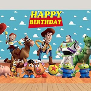 7x5ft Cartoon Toy Story Birthday Party Theme Photography Backdrops Blue Sky White Clouds Banner Kids Birthday Party Photo Background Cake Table Decoration Supplies Studio Booth Props