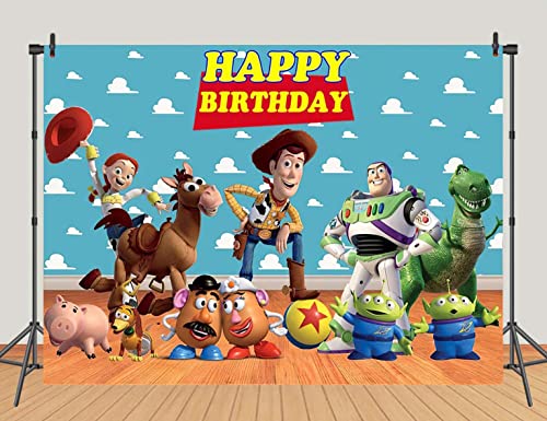 7x5ft Cartoon Toy Story Birthday Party Theme Photography Backdrops Blue Sky White Clouds Banner Kids Birthday Party Photo Background Cake Table Decoration Supplies Studio Booth Props