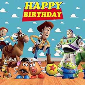 7x5ft Cartoon Toy Story Birthday Party Theme Photography Backdrops Blue Sky White Clouds Banner Kids Birthday Party Photo Background Cake Table Decoration Supplies Studio Booth Props