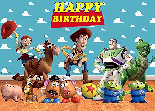 7x5ft Cartoon Toy Story Birthday Party Theme Photography Backdrops Blue Sky White Clouds Banner Kids Birthday Party Photo Background Cake Table Decoration Supplies Studio Booth Props