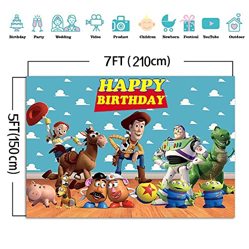 7x5ft Cartoon Toy Story Birthday Party Theme Photography Backdrops Blue Sky White Clouds Banner Kids Birthday Party Photo Background Cake Table Decoration Supplies Studio Booth Props